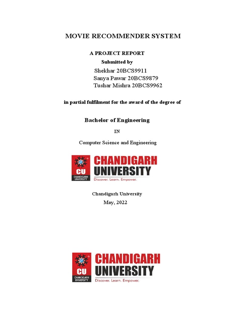 Movie Recommender System: Shekhar 20BCS9911 Sanya Pawar 20BCS9879 ...