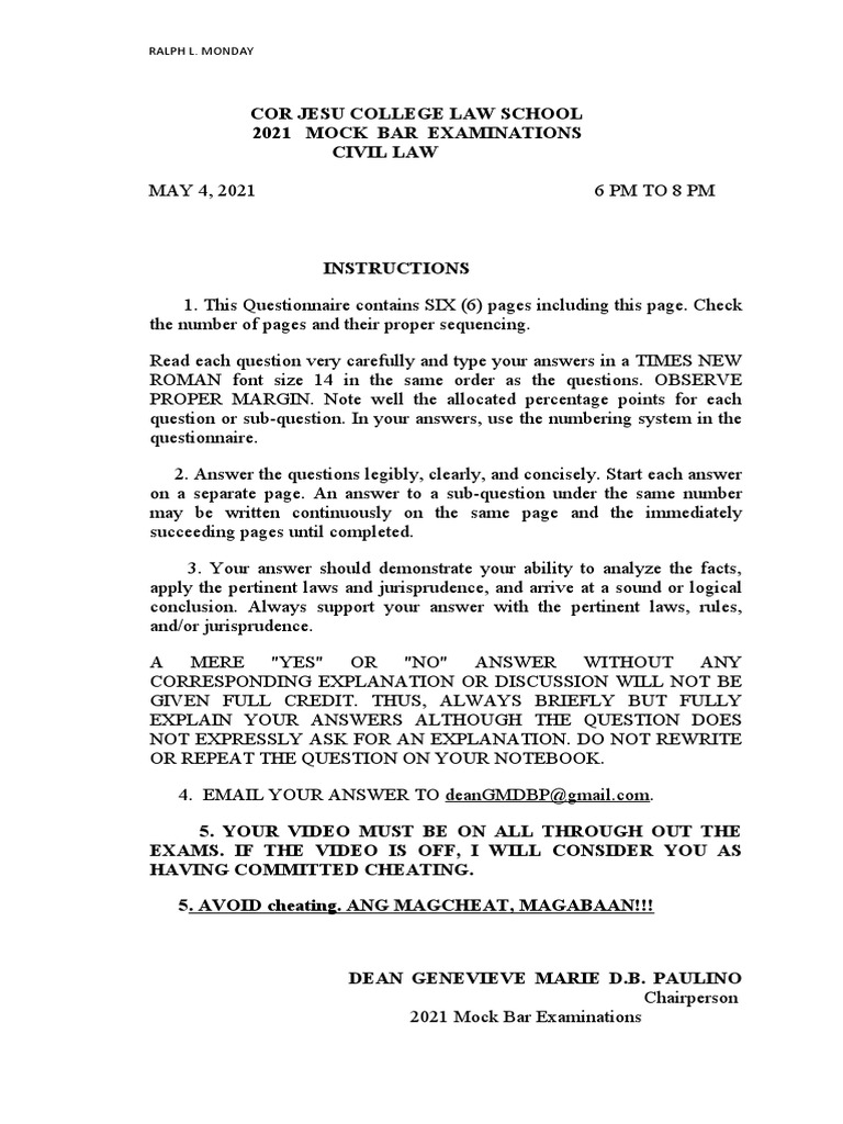 2021 Mock Bar Exam: Civil Law Questions | PDF | Foreclosure | Civil Law ...
