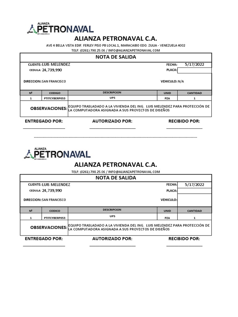 Formato de Nota de Salida | PDF | Camioneta | Vehículos comerciales