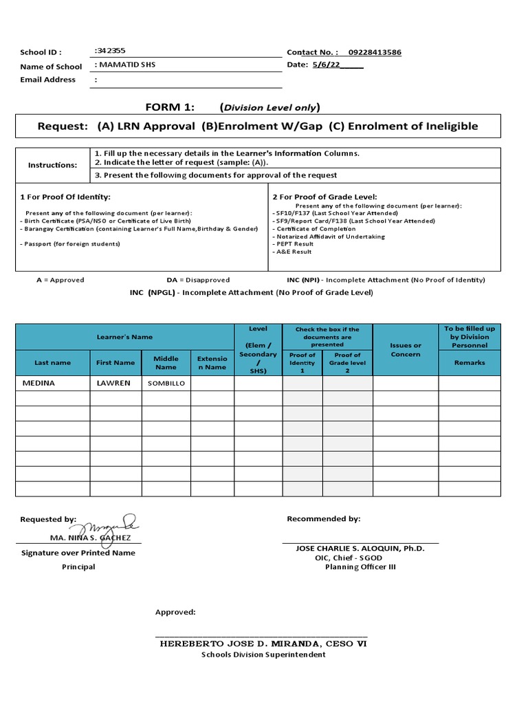 Form 1: Request: (A) LRN Approval (B) Enrolment W/Gap (C) Enrolment of ...