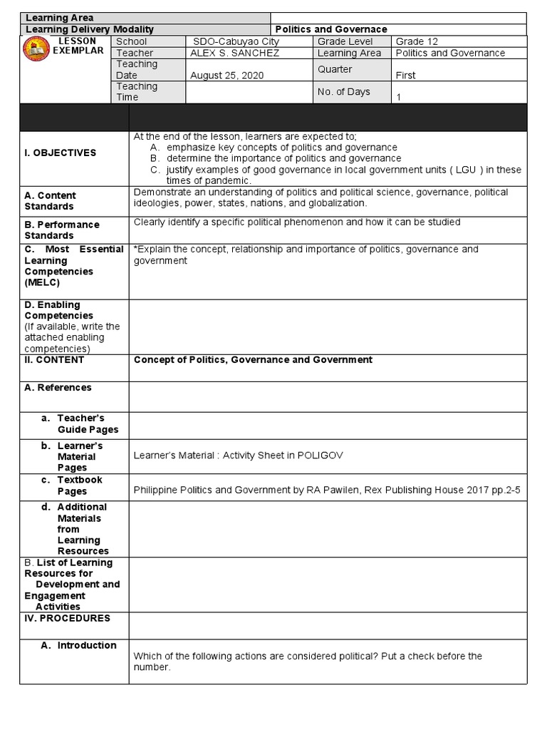 Lesson Exemplar - Grade 11 HUMSS POLIGOV | PDF | Learning | Governance