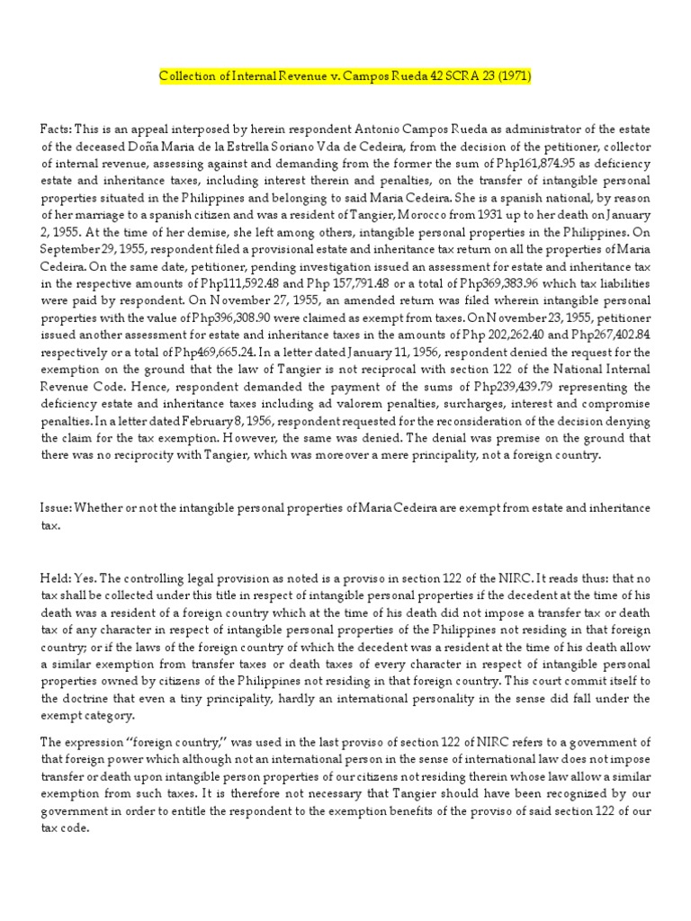 Collection of Internal Revenue v. Campos Rueda | PDF | Taxes | Estate ...
