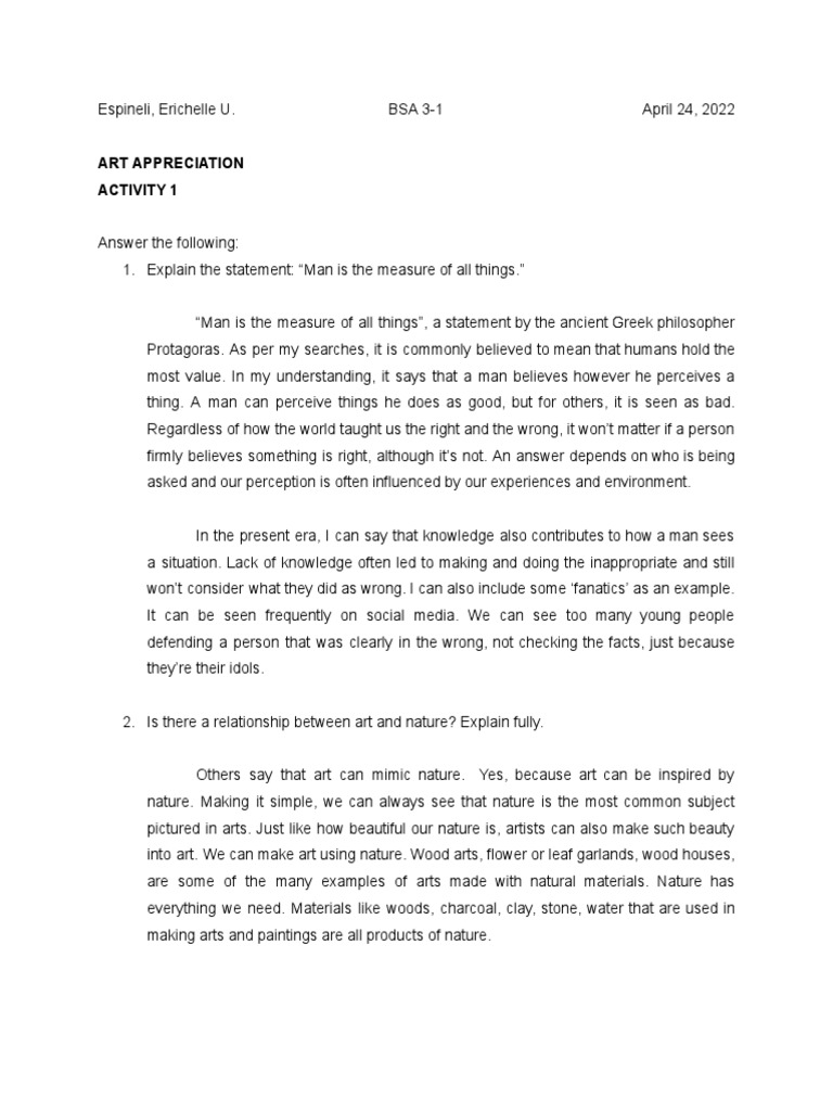Art Appreciation Activity 1 | PDF | Nature | Perception