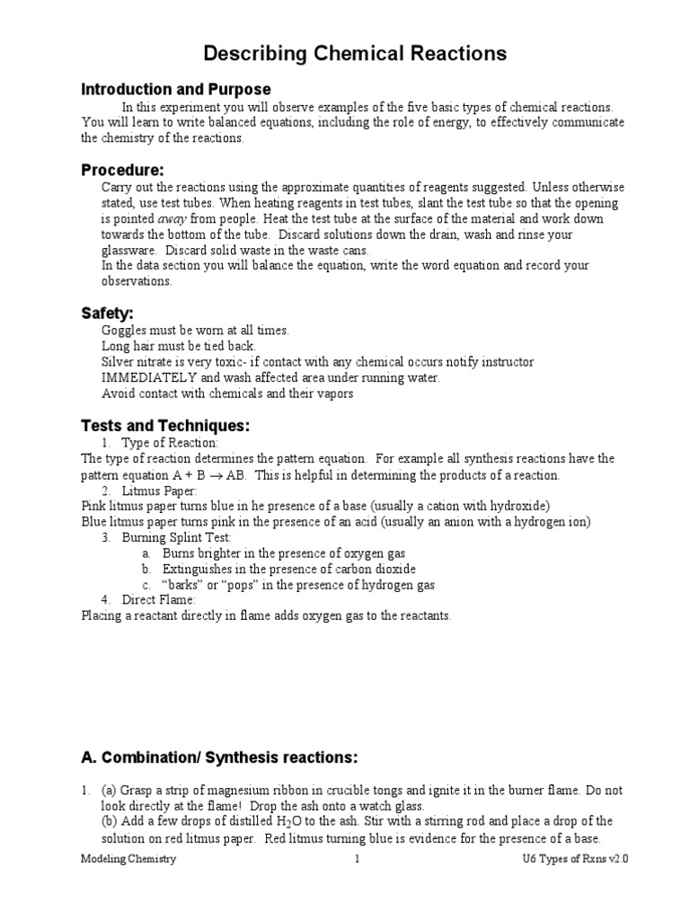 08 - L - Types of Reactions Lab | PDF | Chemical Reactions | Magnesium