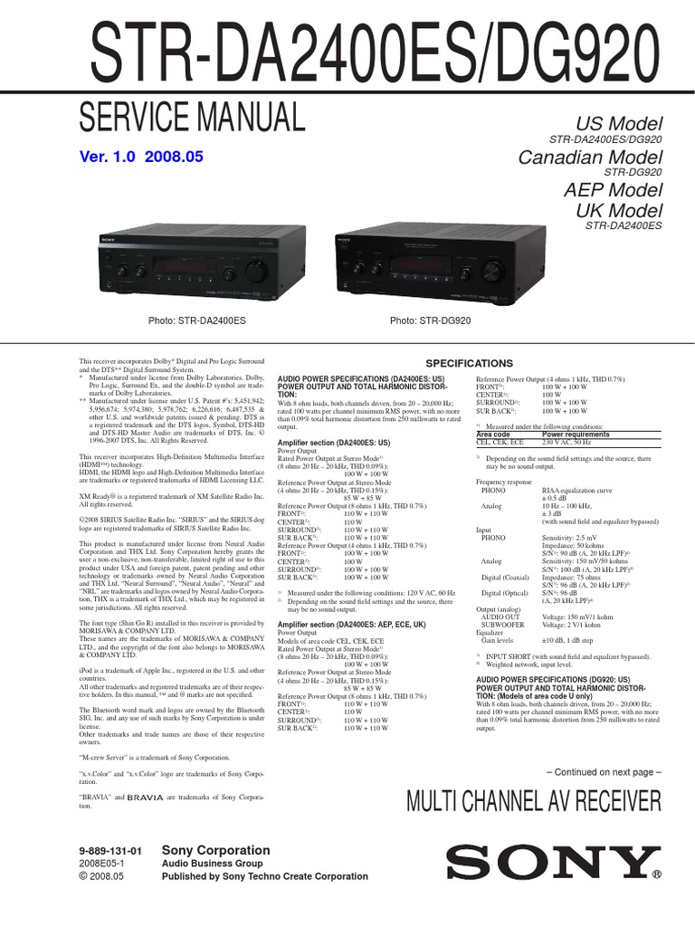 Sony Str-Da2400es dg920 Ver-1.0 SM | PDF | Soldering | Hdmi