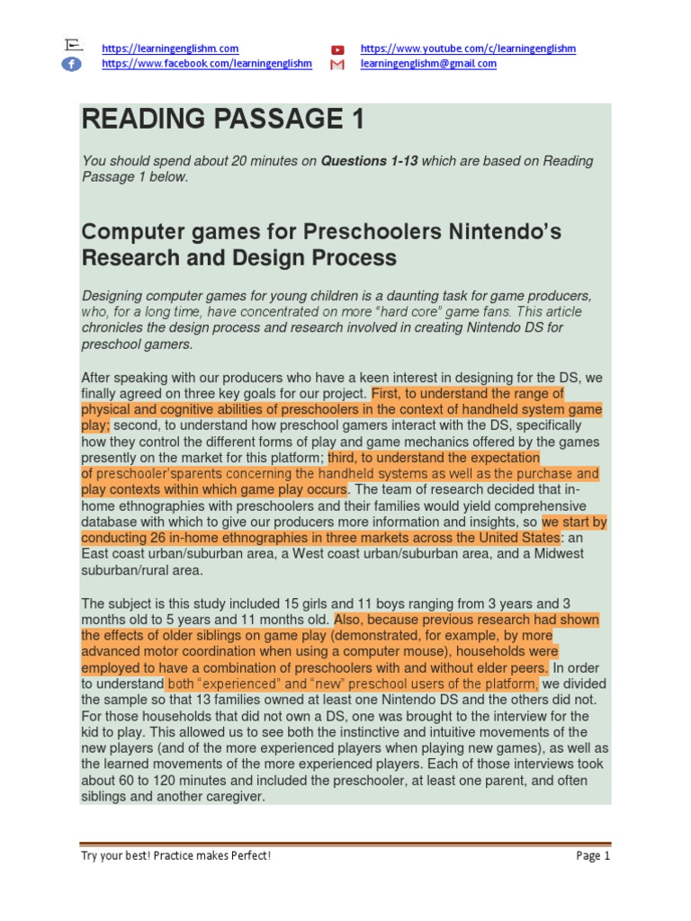 Reading Passage 1: Computer Games For Preschoolers Nintendo's Research ...