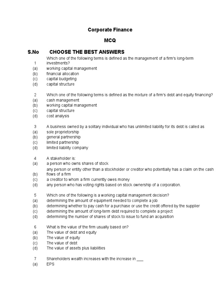 Corporate Finance MCQs and Answers | PDF | Equity (Finance) | Stocks