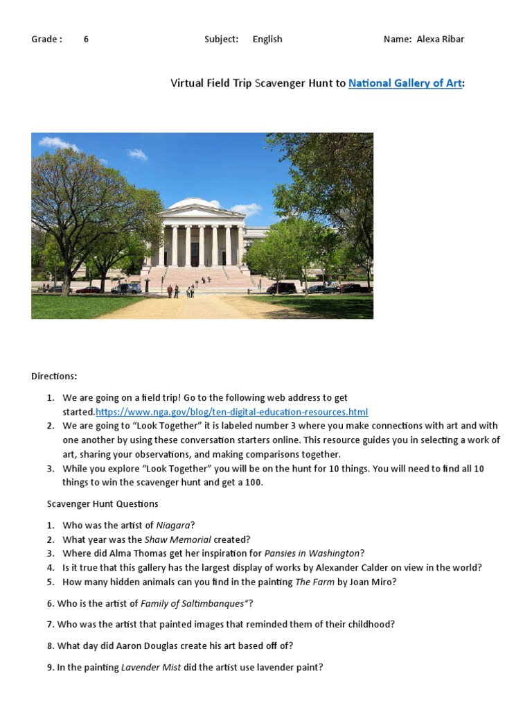 Virtual Field Trip Scavenger Hunt Worksheet | PDF | Art | Young Adult