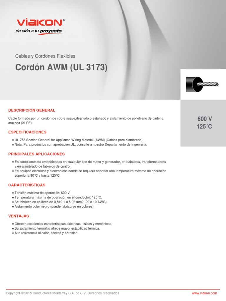 Cordon AWM UL 3173 | PDF | Electricidad | Ingenieria Eléctrica