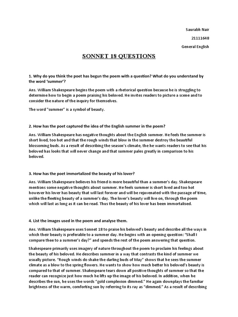 Sonnet 18 Questions | PDF | Poetry | William Shakespeare