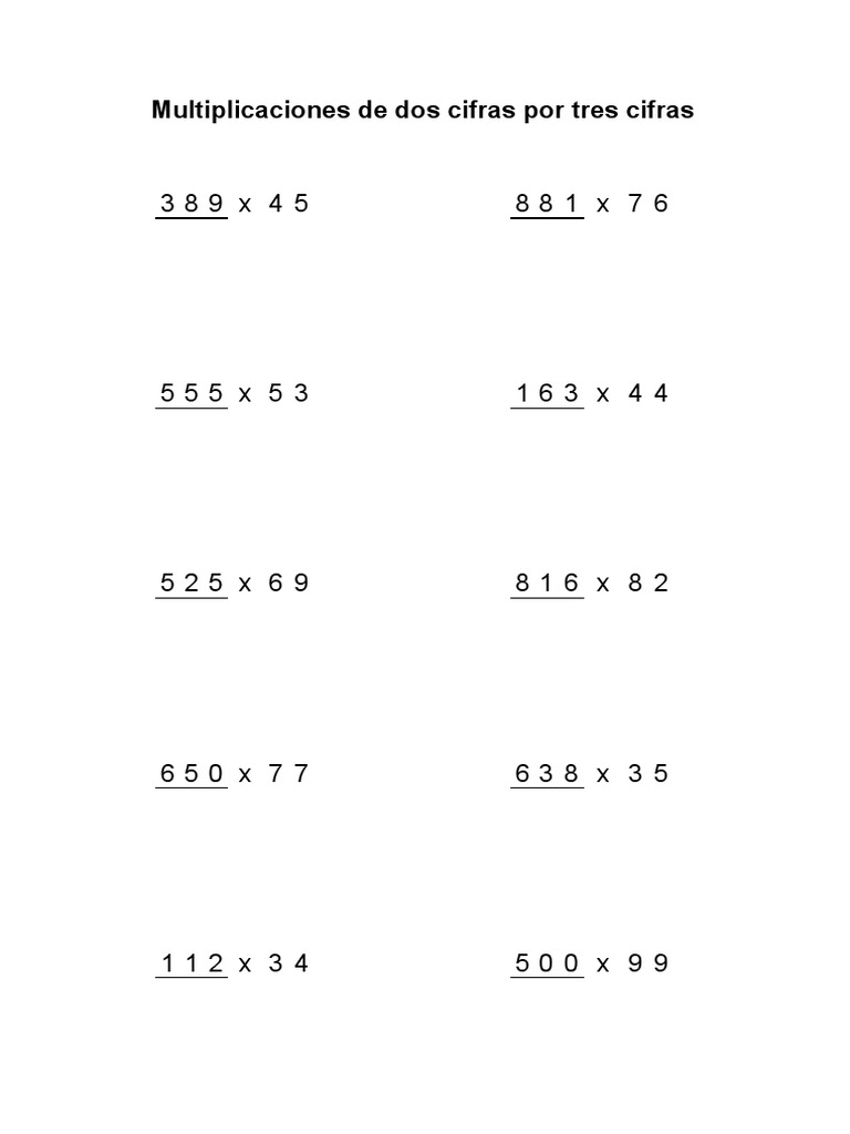 Multiplicaciones de Dos Cifras Por Tres Cifras 1 | PDF