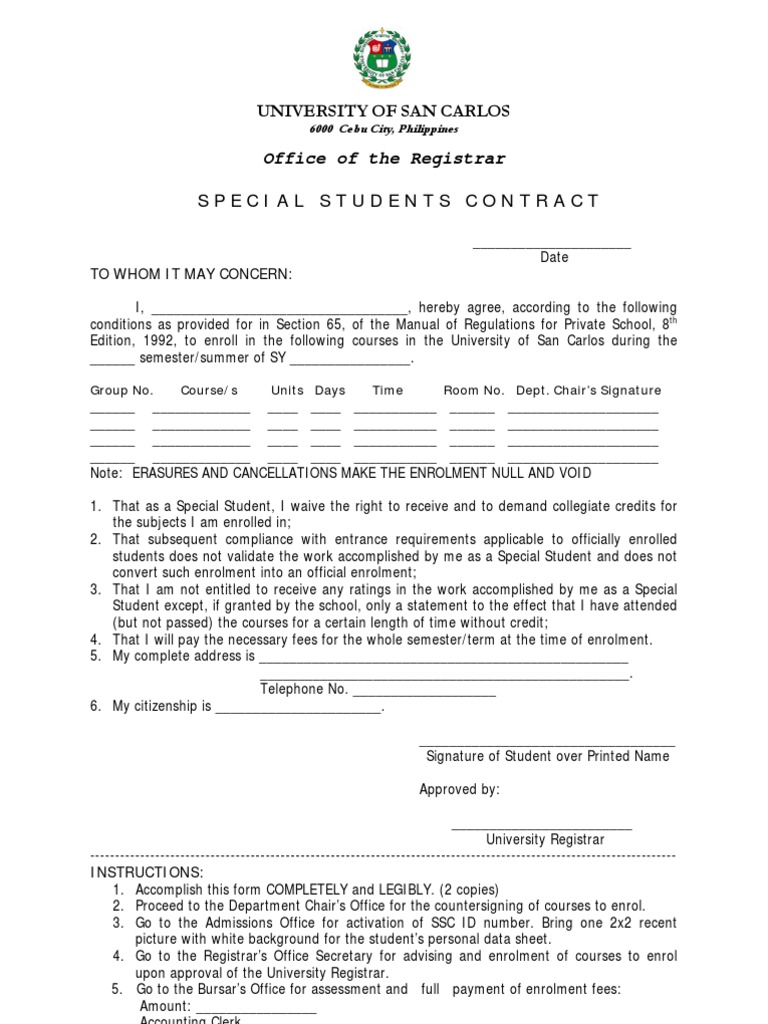 Special Student Contract Non Credit | PDF