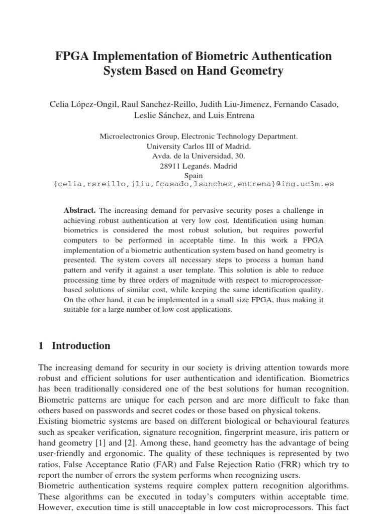 FPGA Implementation of Biometric Authentication System Based On Hand Geometry | Download Free ...