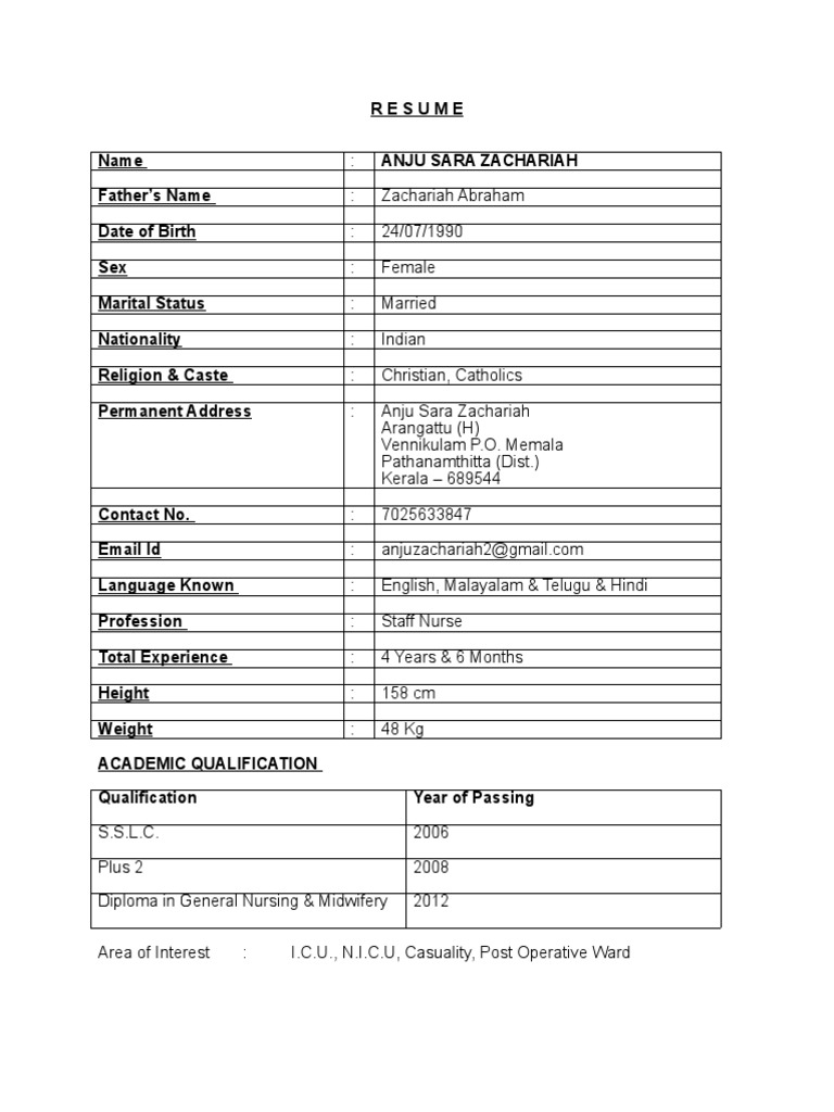 Resume of Anju Sara Zachariah | PDF | Nursing | Health Sciences