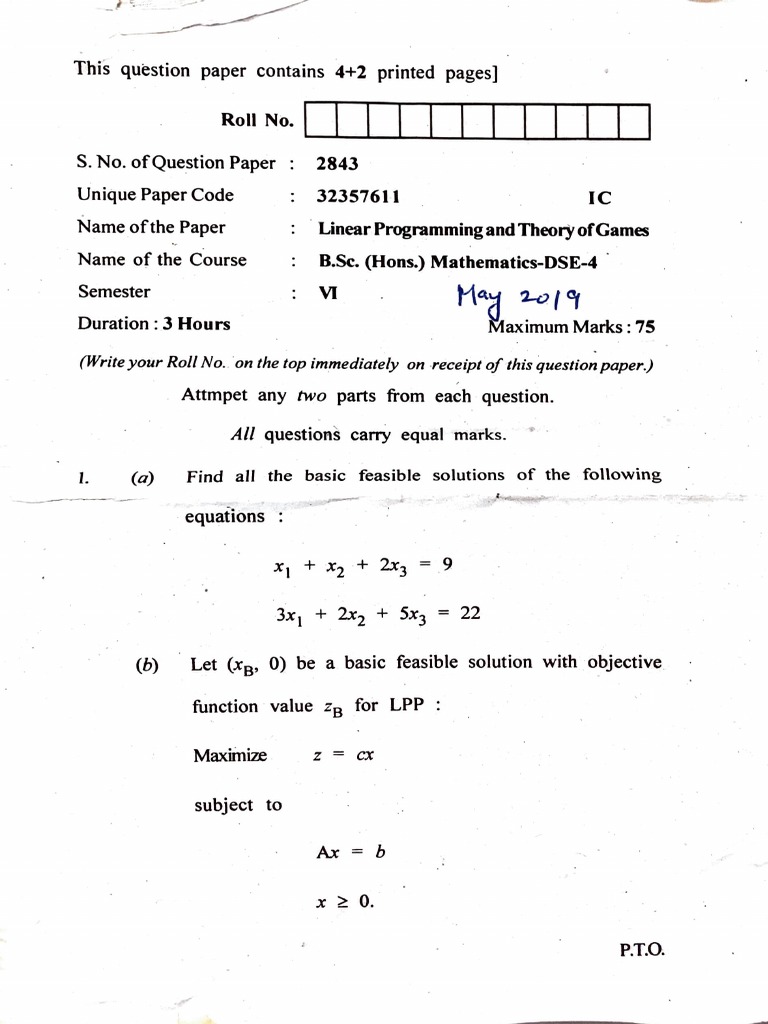 Question Papers - Linear Prog. and Applications | PDF | Linear ...