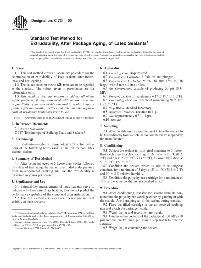 Extrudability, After Package Aging, of Latex Sealants: Standard Test ...