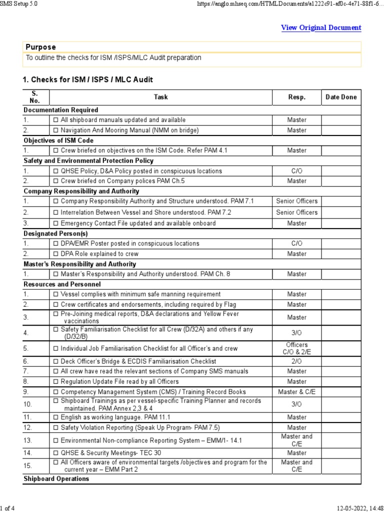 Purpose: To Outline The Checks For ISM /ISPS/MLC Audit Preparation ...