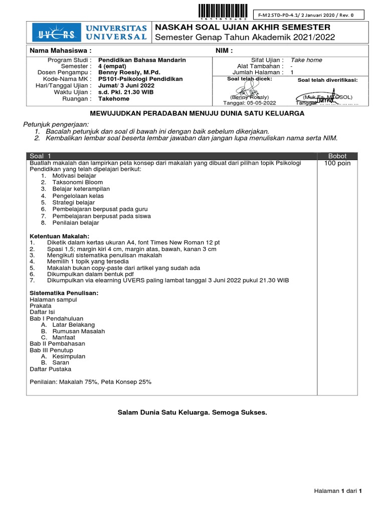UAS Psikologi Pendidikan 20212 TTD | PDF