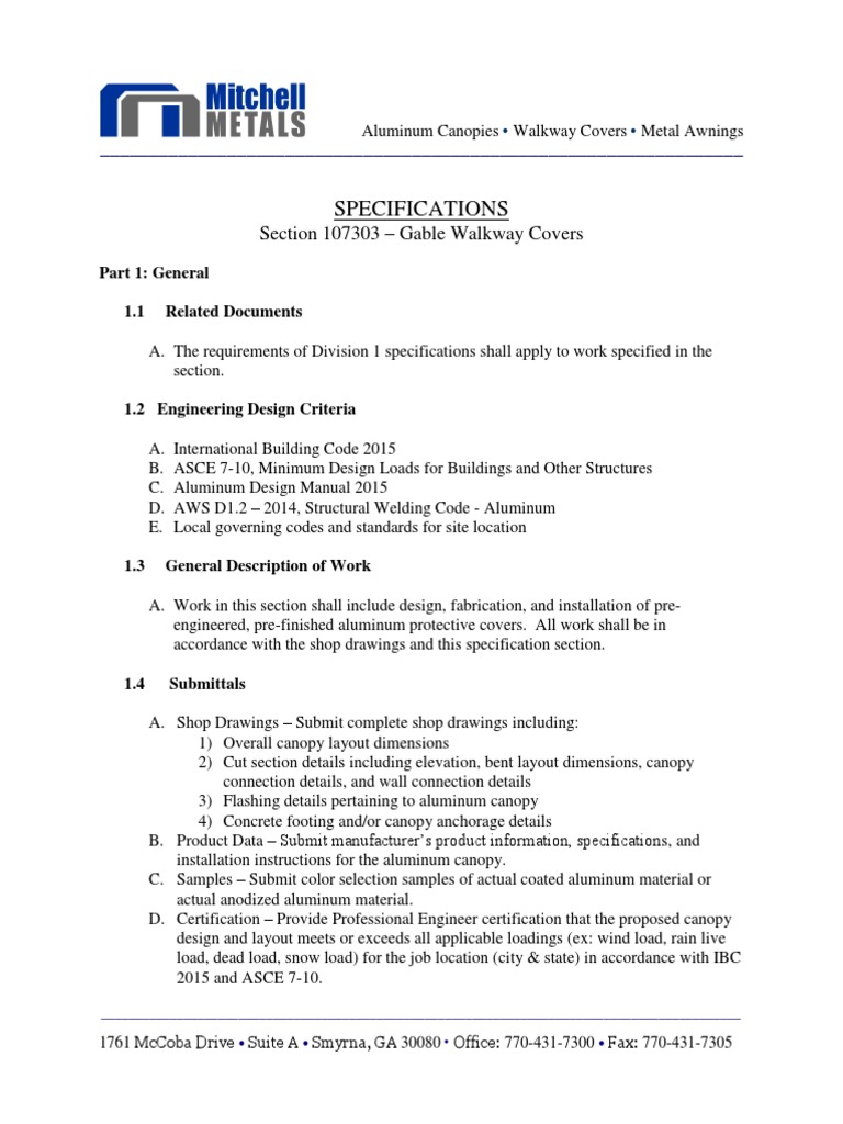 Mitchell Metals Specifications Gabled Canopy | PDF | Specification (Technical Standard ...