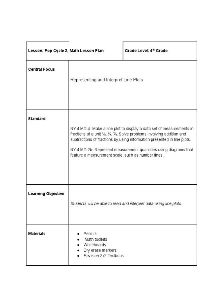 4th Grade Line Plot Math Lesson Plan | PDF | Lesson Plan | Information
