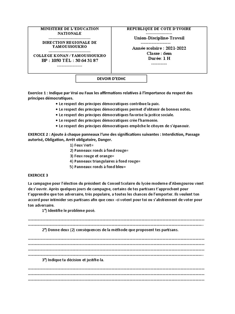Devoir Edhc 6eme Trimestre 3 | PDF | Démocratie | Idéologies politiques