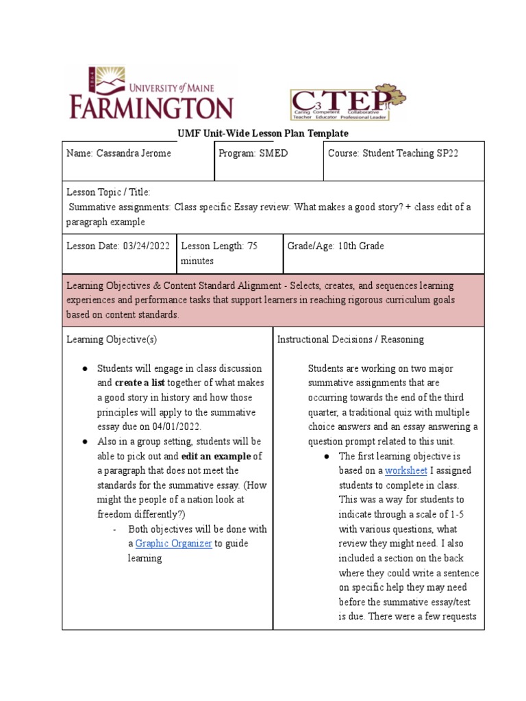 UMF Unit-Wide Lesson Plan Template: Worksheet | PDF | Educational ...