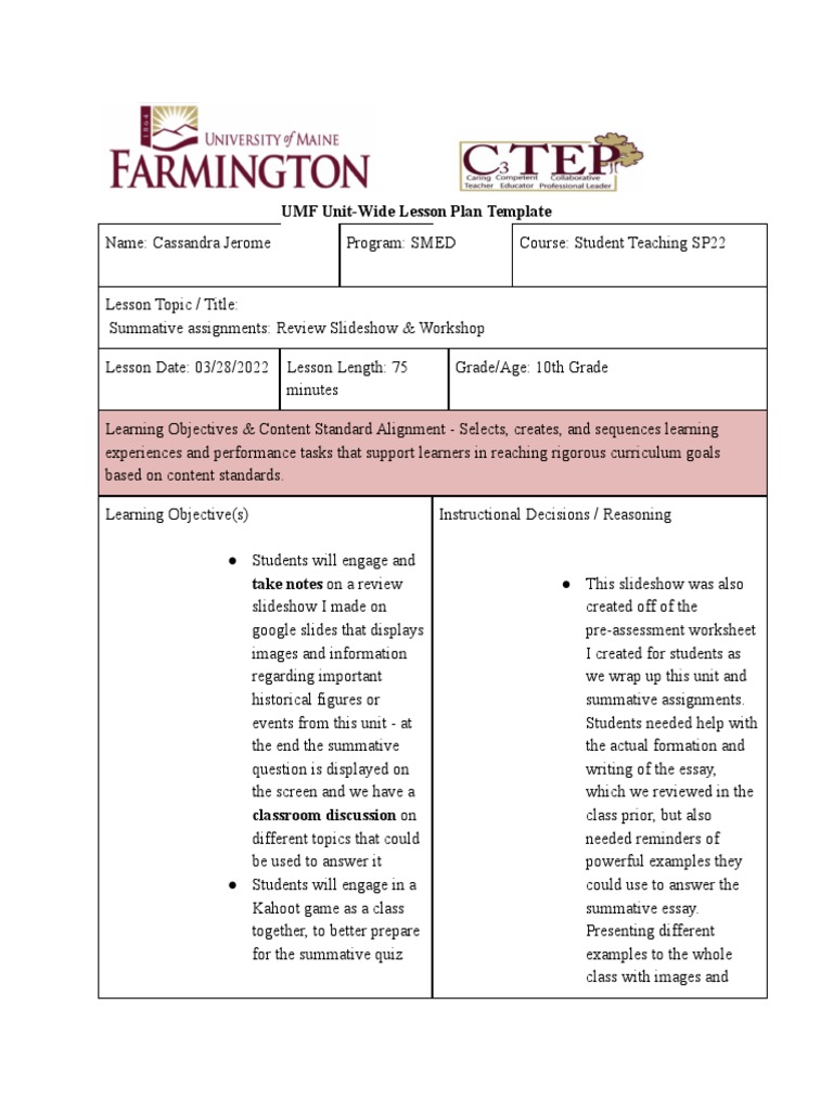 UMF Unit-Wide Lesson Plan Template | PDF | Educational Assessment ...