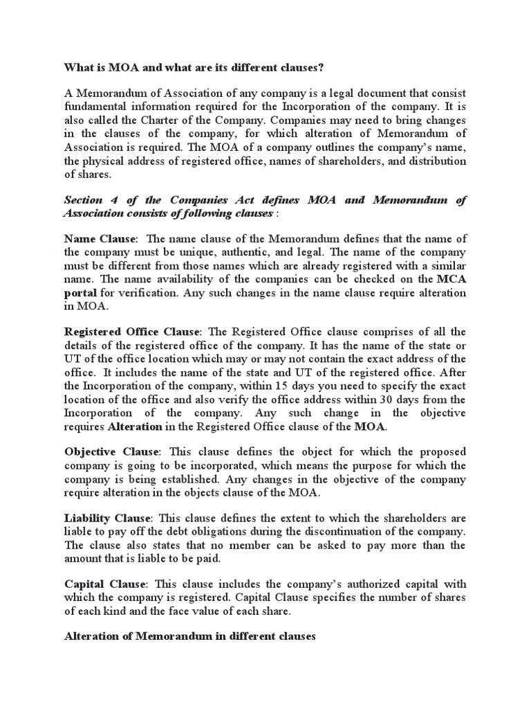 What Is MOA and What Are Its Different Clauses | PDF | Business ...