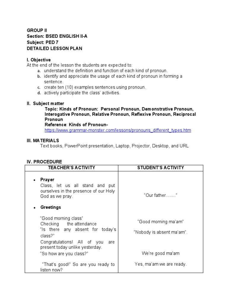 Ped7 Lesson-Plan Group2 | PDF | Pronoun | Noun