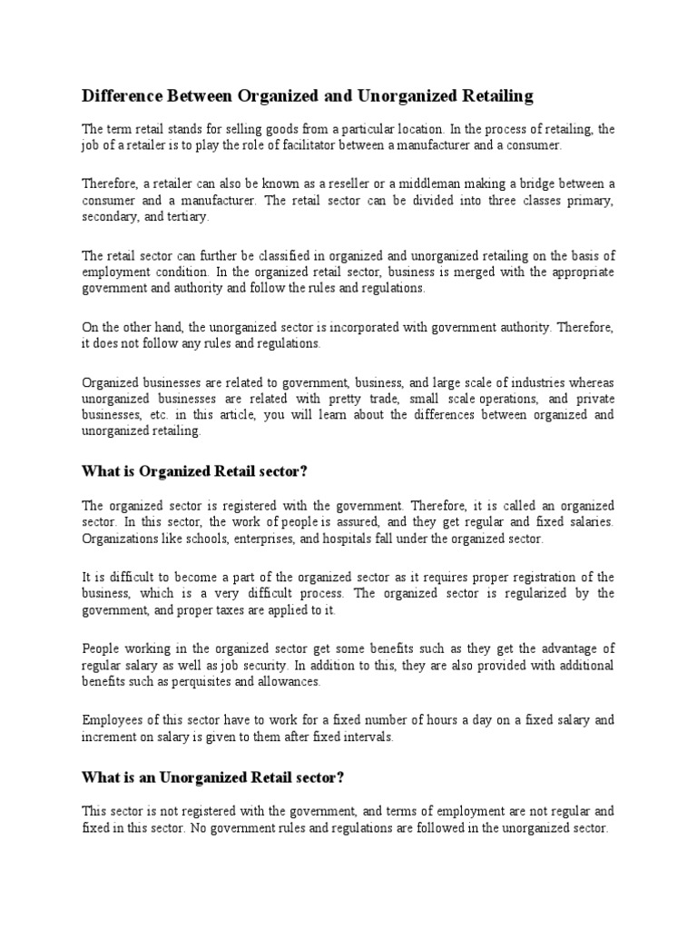 Difference Between Organized and Unorganized Retailing | PDF ...