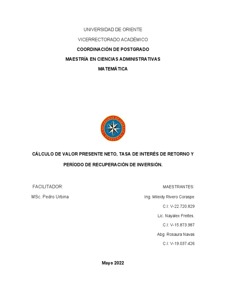 Calculo VPN, TIR y PRI | PDF | Valor presente neto | Economias