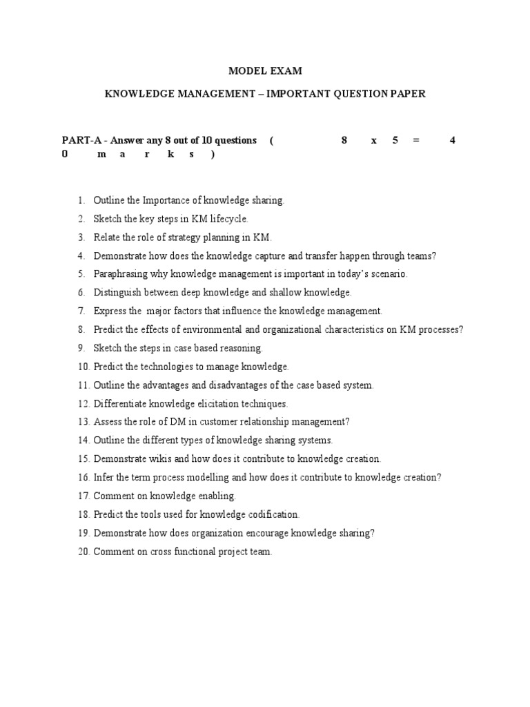 MODEL EXAM - Knowledge Management - Important Questions | Download Free ...