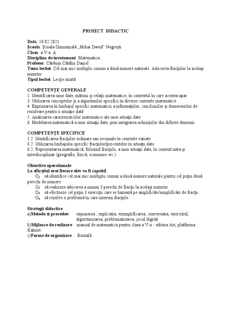 Proiect Didactic Clasa A Va | PDF