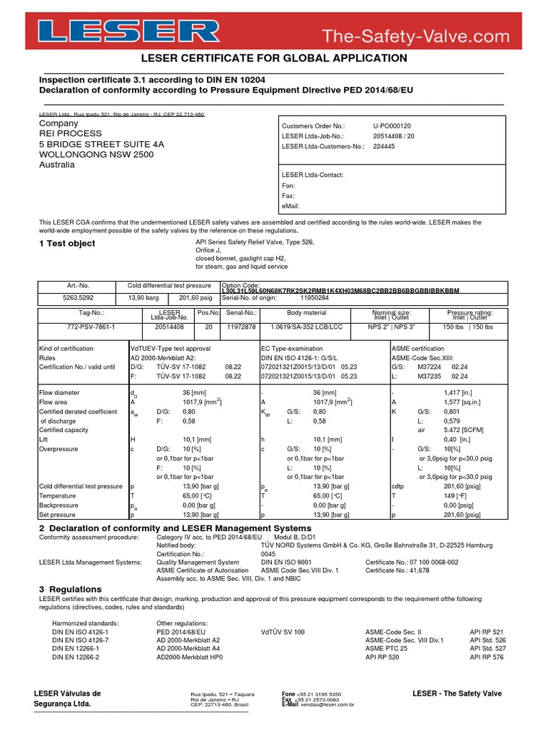 Leser Certificate For Global Application | PDF | Valve | Continuum ...