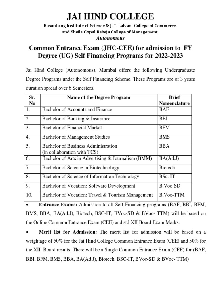 Jai Hind College: Common Entrance Exam (JHC-CEE) For Admission To FY ...