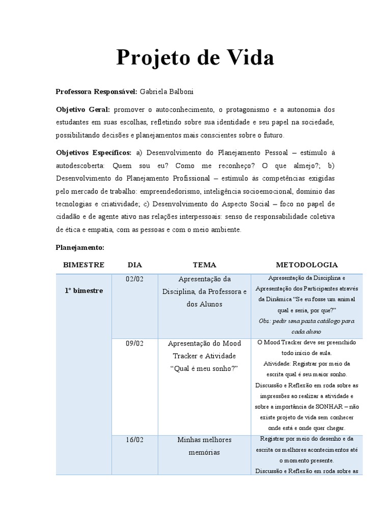 Projeto De Vida Pdf Planejamento Vida