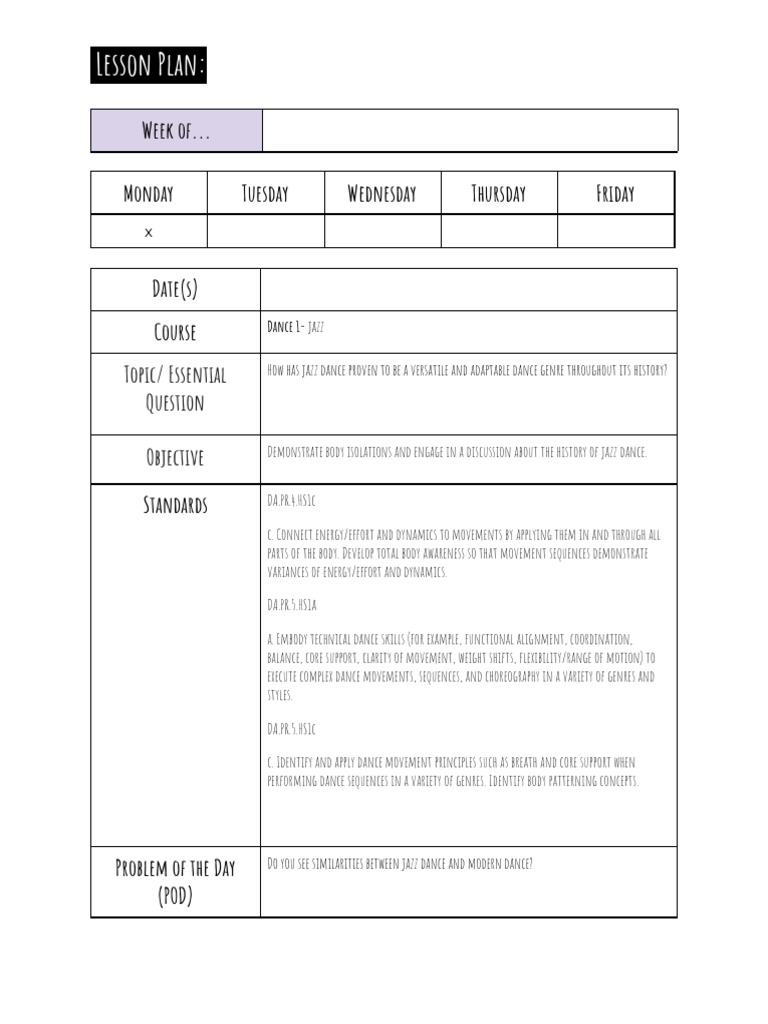 Dance 1 Lesson Plan | PDF | Dances | Jazz
