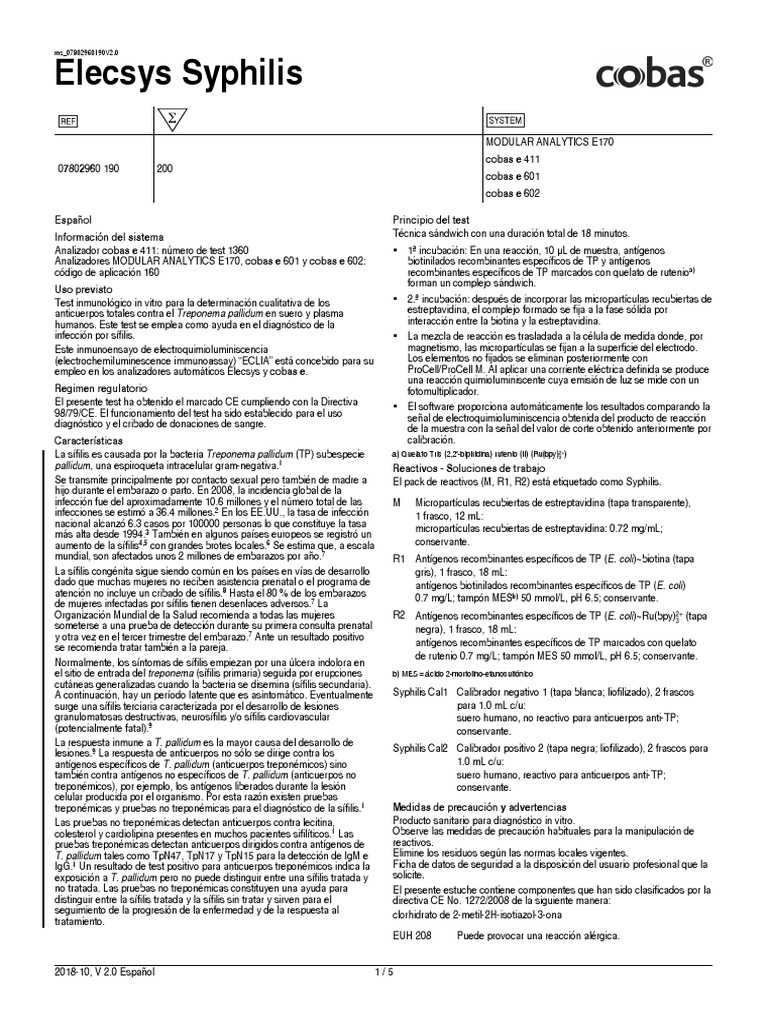 Ficha Tecnica Elecsys Syphilis e 200 | PDF | Especialidades Medicas | Inmunología