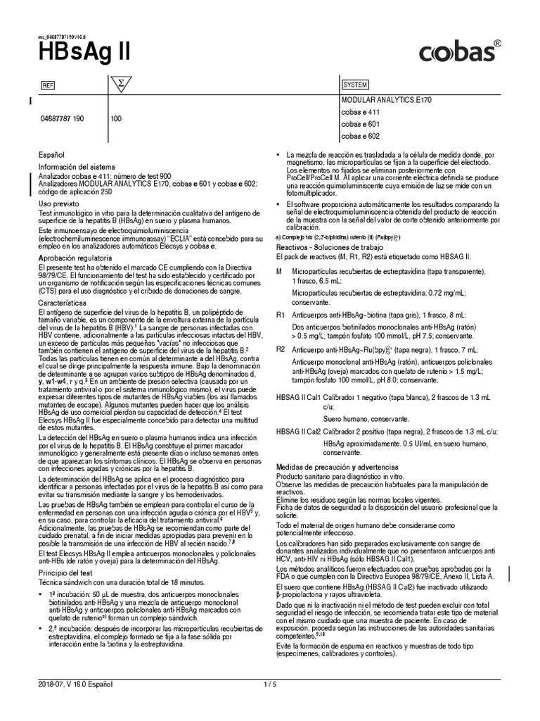 Ficha Tecnica HBsAg G2 Elecsys Cobas e 100 | PDF | Hepatitis | Hepatitis B