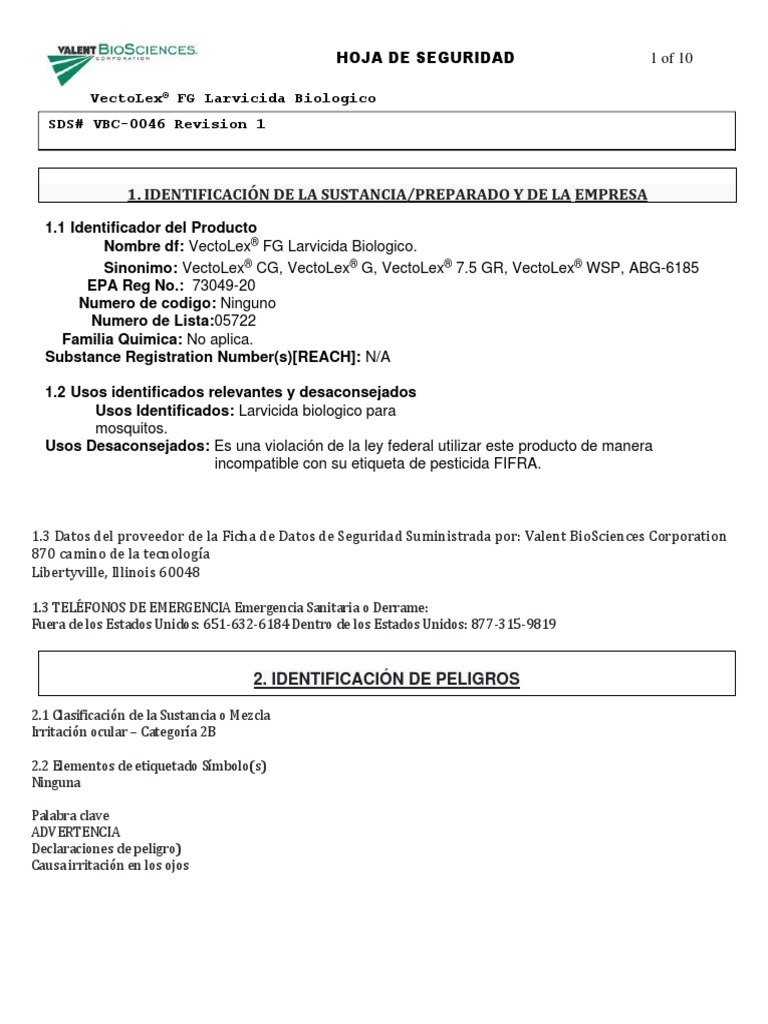 Vectolex Hoja de Seguridad | PDF | Pesticida | Administración de ...