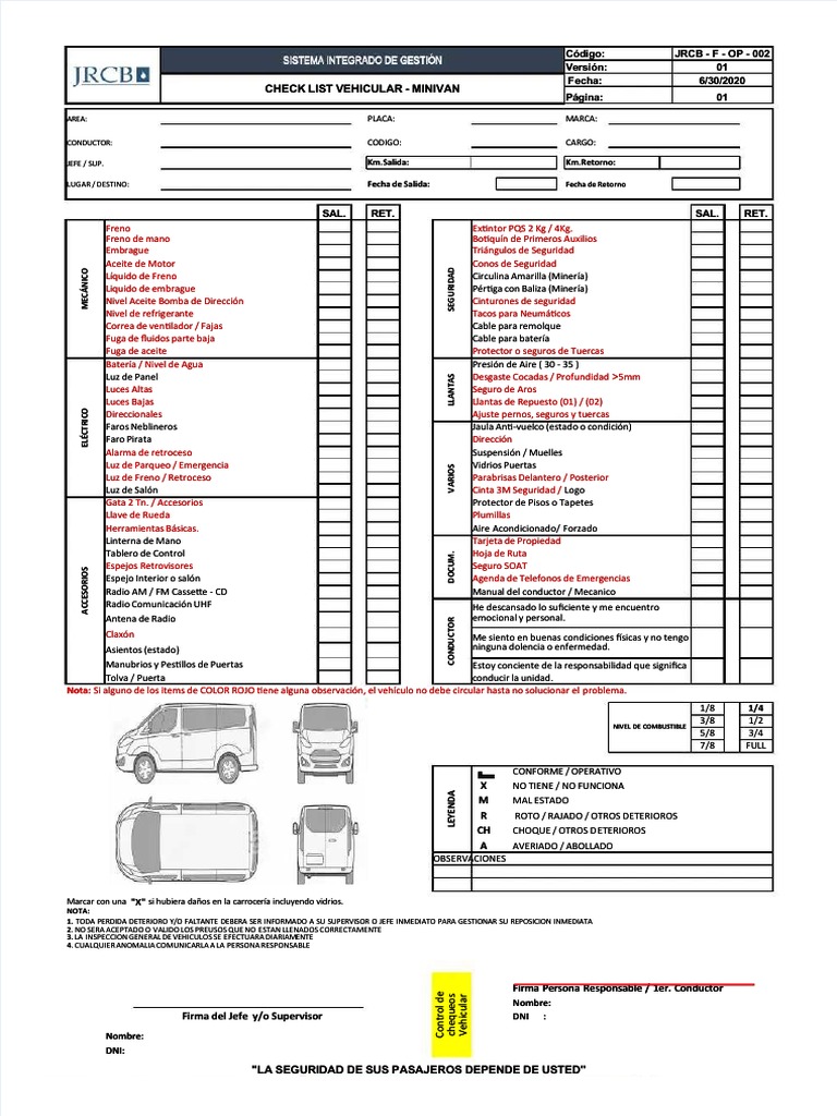 PDF Formato de Check List Vehicular Minivan - Compress | PDF