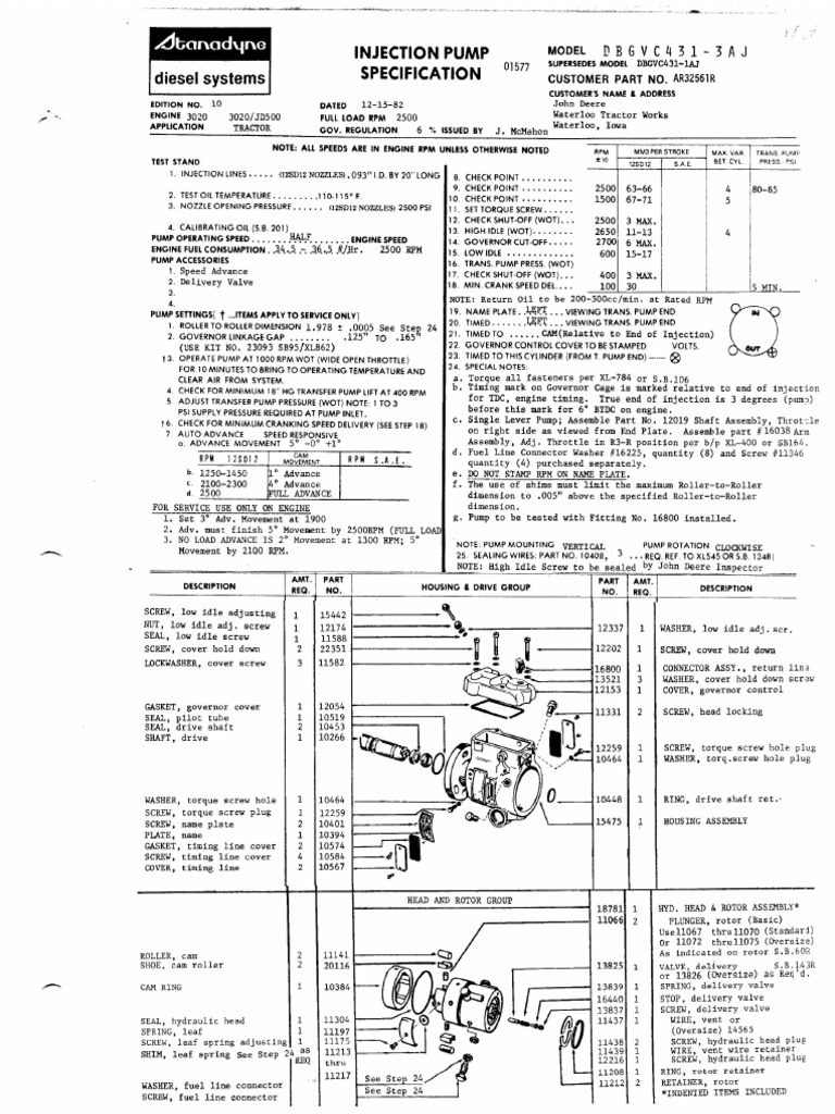 Injection Pump Model I! Specification O'577: BGVC431-3AJ | PDF | Pump | Throttle