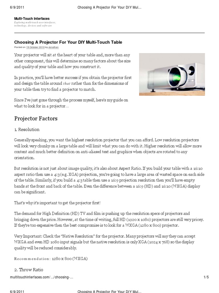 Choosing A Projector For Your DIY Multi-Touch Table - Multi-Touch Interfaces | PDF | Display ...