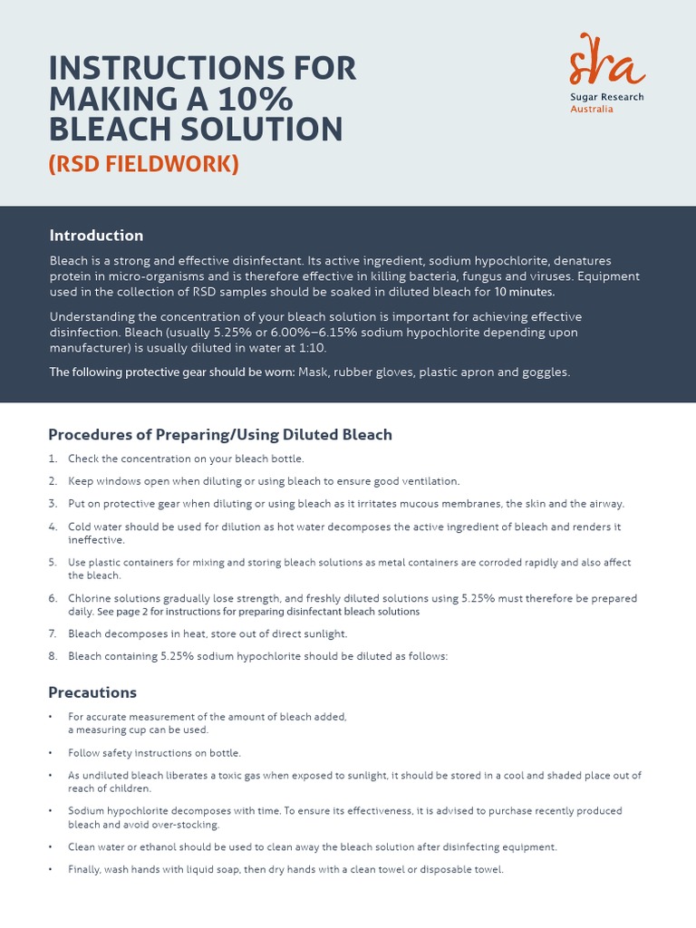 How to make a 10% bleach solution | PDF | Chemistry | Bleach