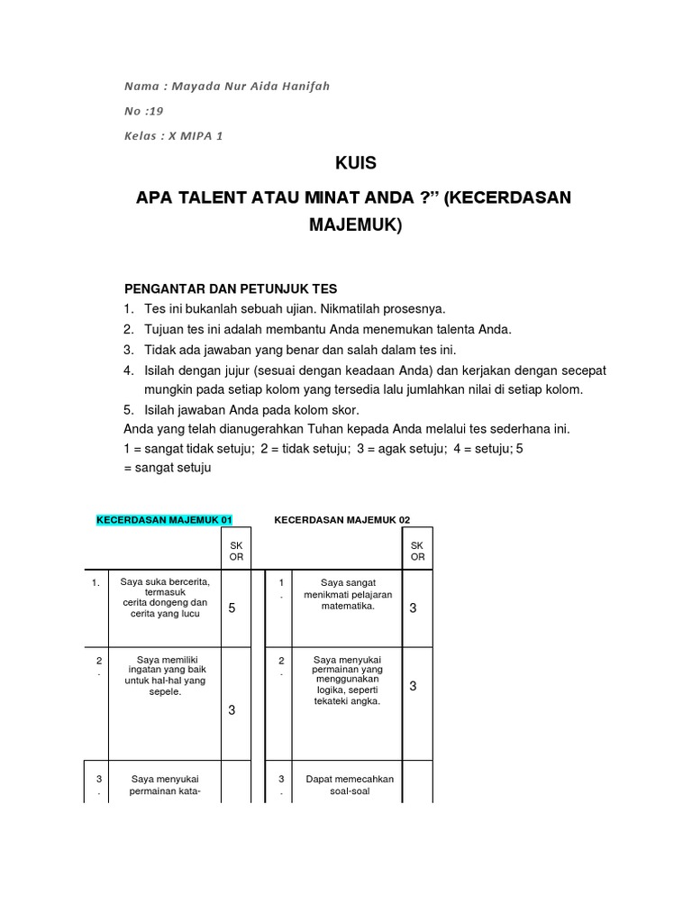 KUIS APA TALENT ATAU MINAT ANDA - Mayada | PDF