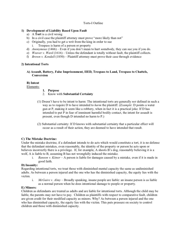 Torts Outline-Very Detailed | PDF | Conversion (Law) | Trespass