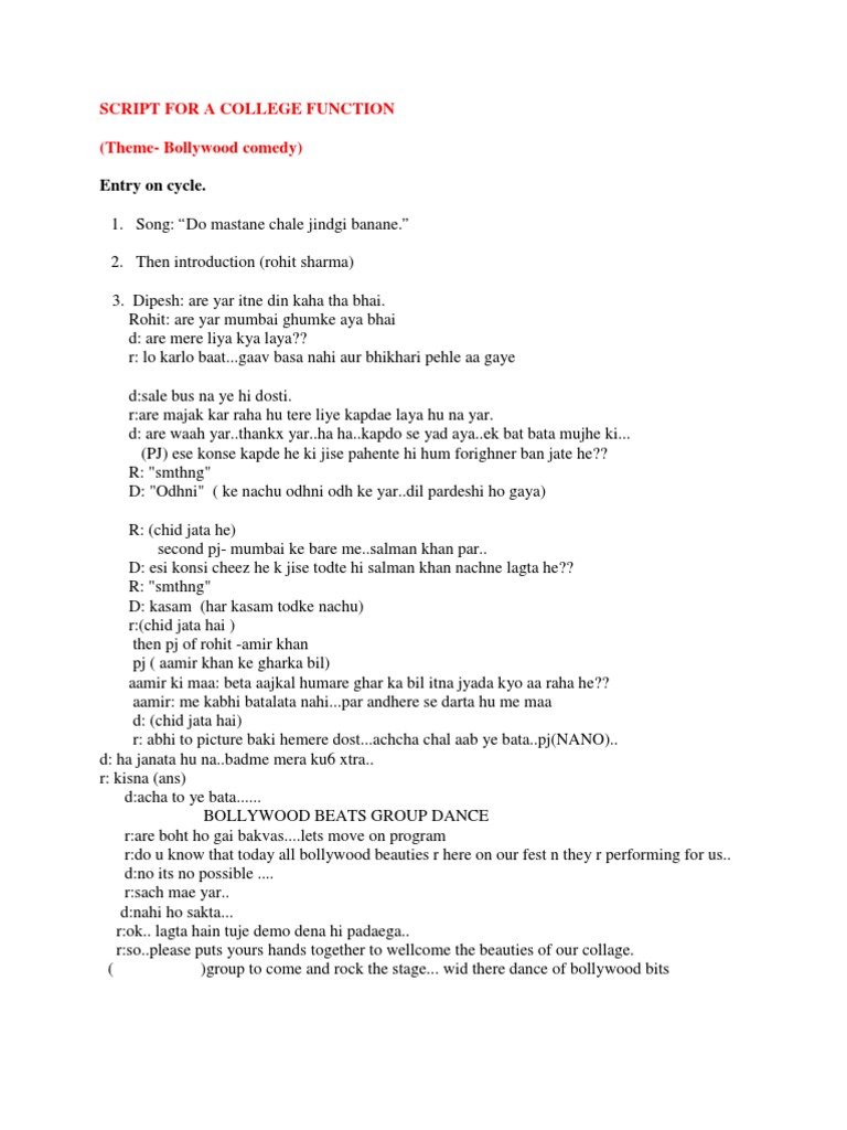 College Function Anchoring Script (Theme-Bollyvood) | PDF | Bollywood | Entertainment