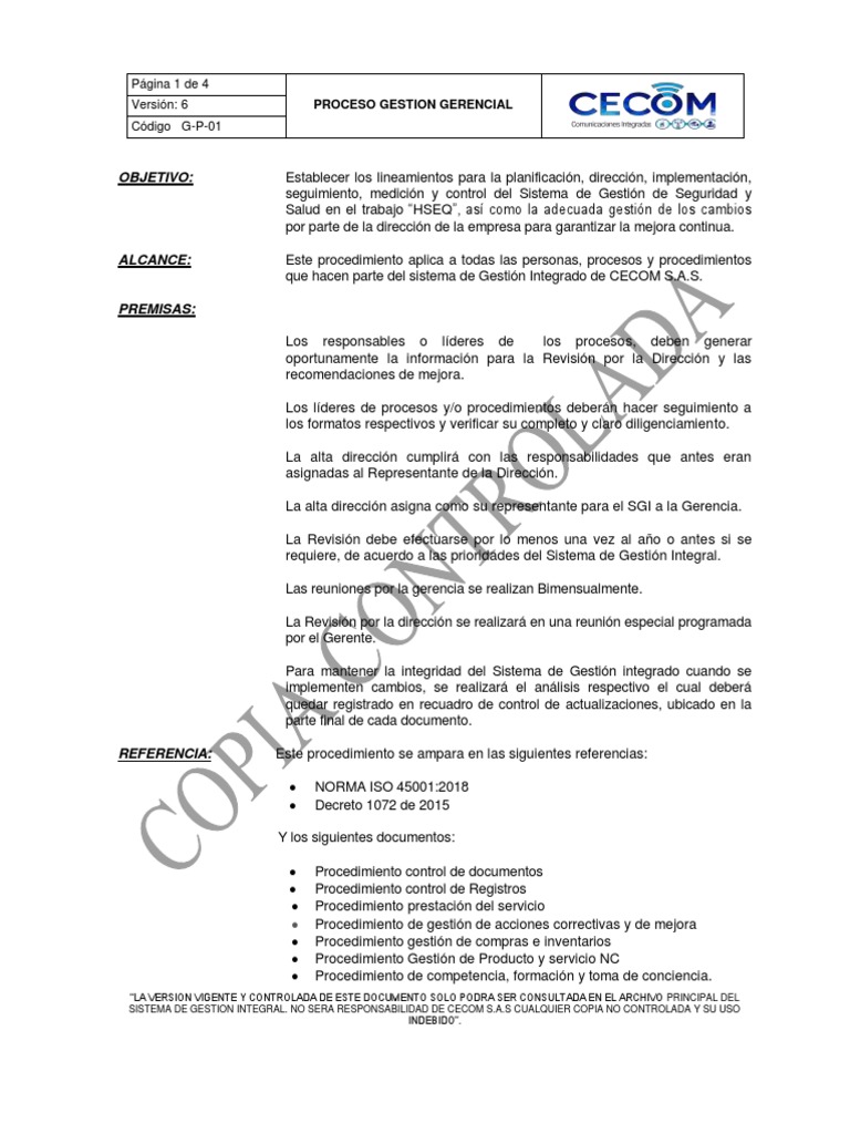 Procedimiento para la planificación, dirección, implementación, seguimiento, medición y control ...