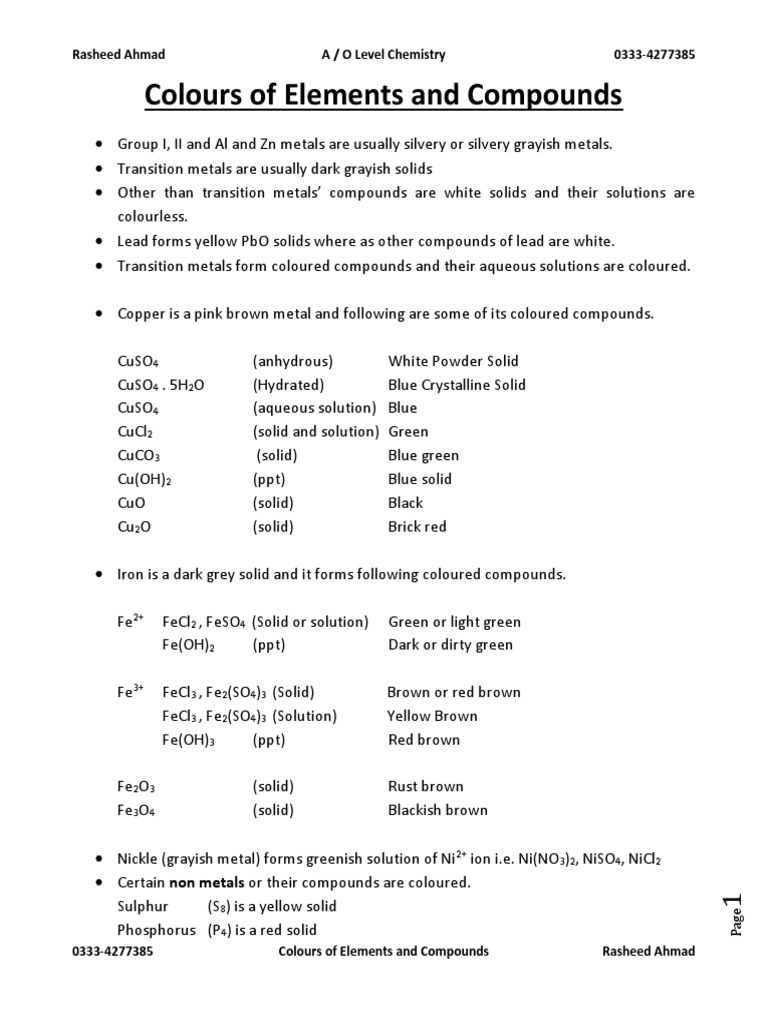 Chemistry Colors Guide | PDF | Chlorine | Chemical Substances