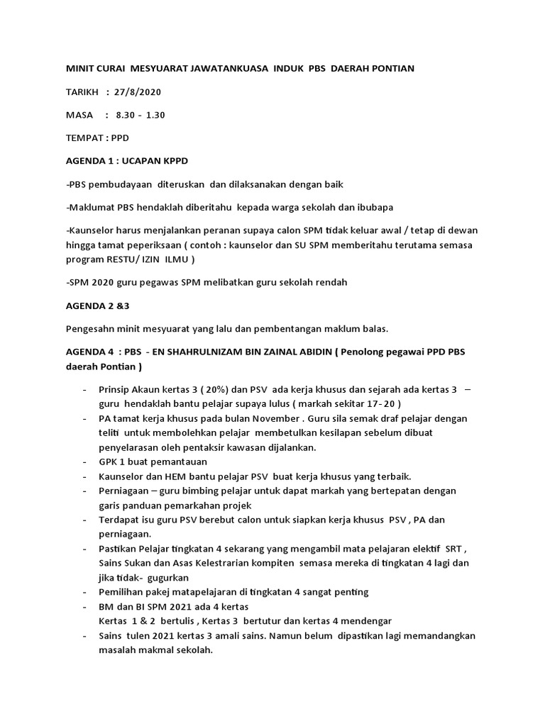 Minit Curai Mesyuarat PBS Daerah Pontian | PDF